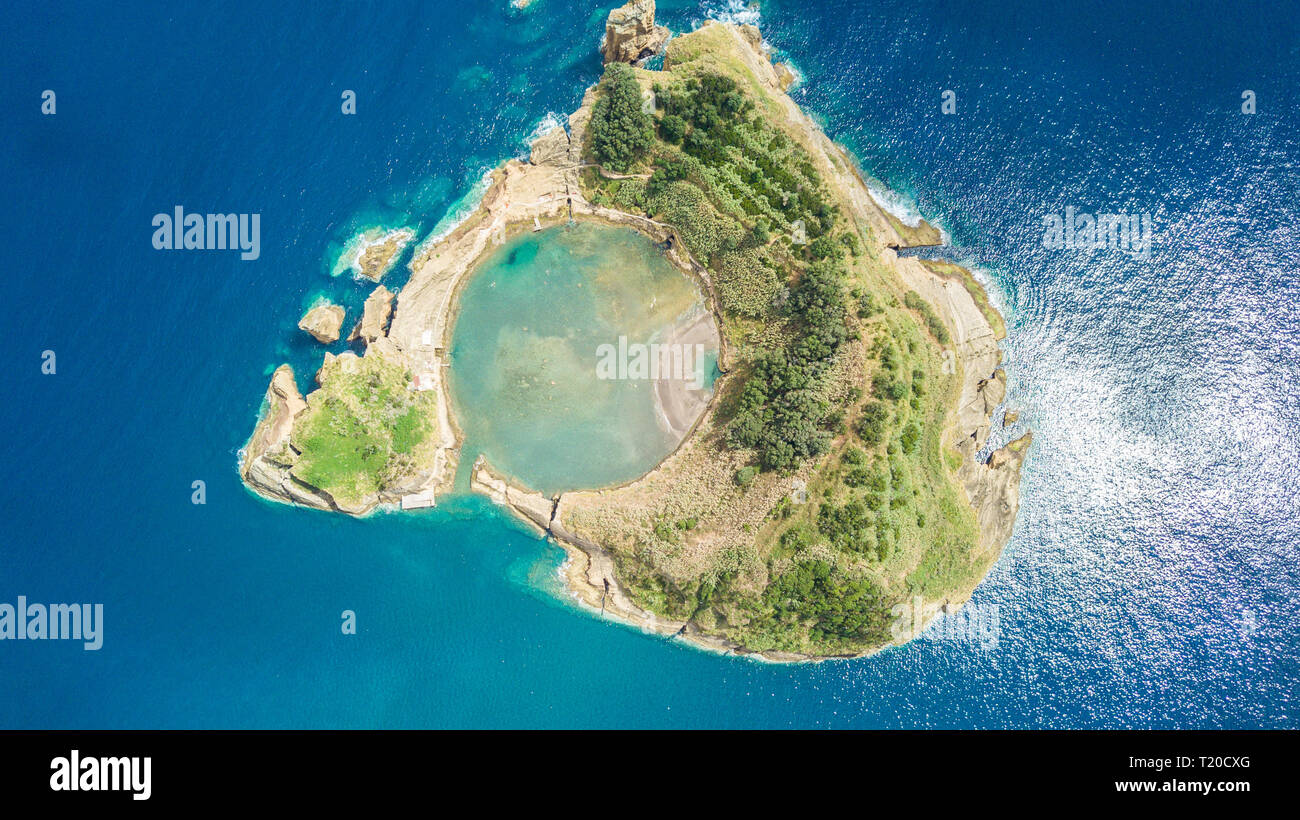 Top view of Islet of Vila Franca do Campo is formed by the crater of an ...