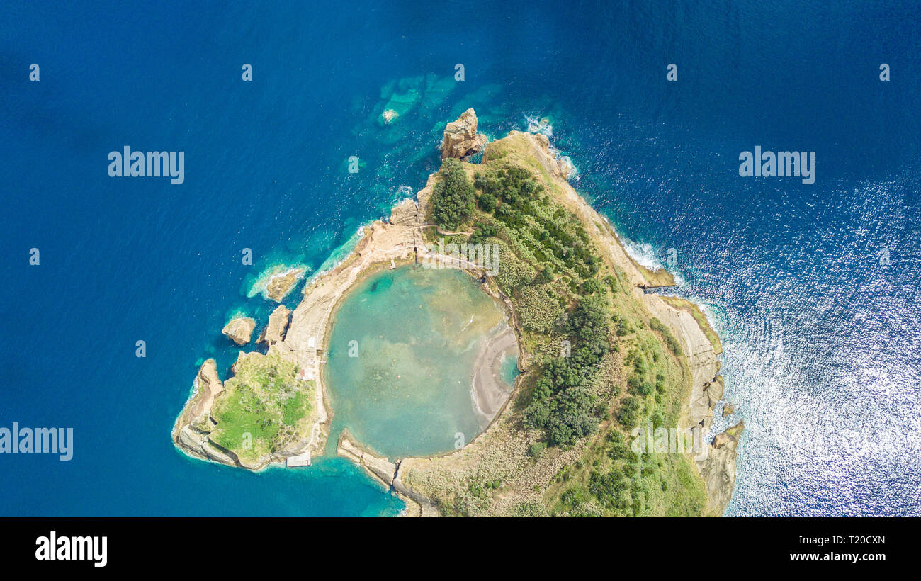 Top view of Islet of Vila Franca do Campo is formed by the crater of an ...