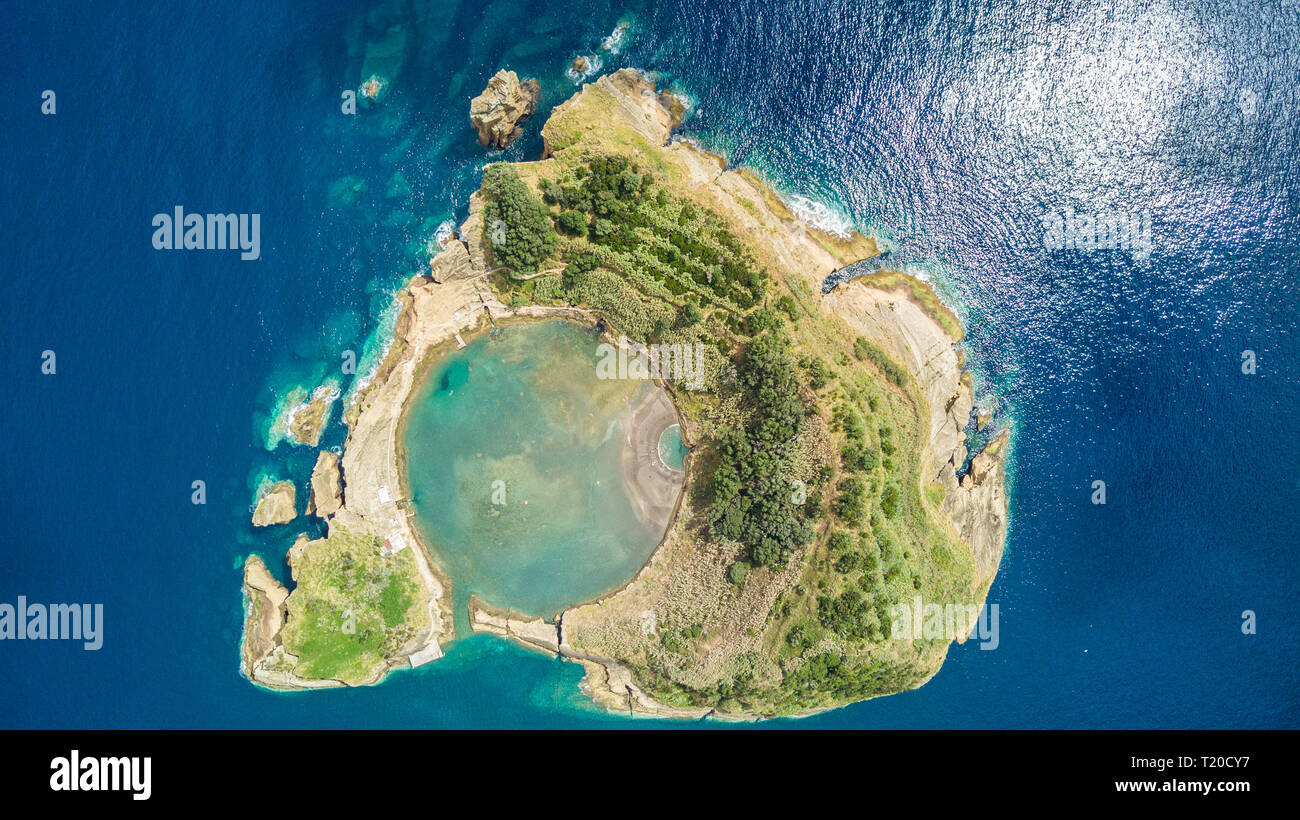Top view of Islet of Vila Franca do Campo is formed by the crater of an ...