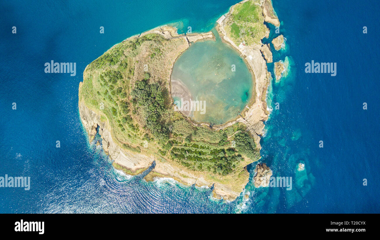 Top view of Islet of Vila Franca do Campo is formed by the crater of an ...