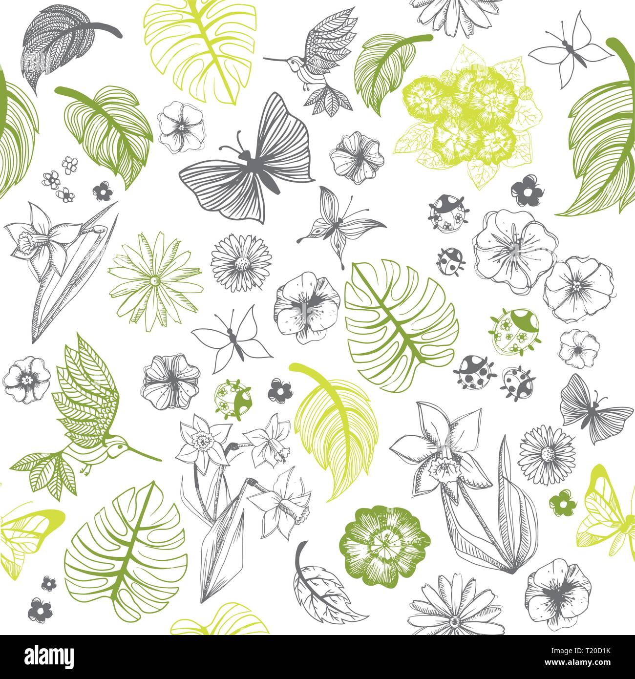Sweet spring doodles full vector seamless background Stock Vector Image ...