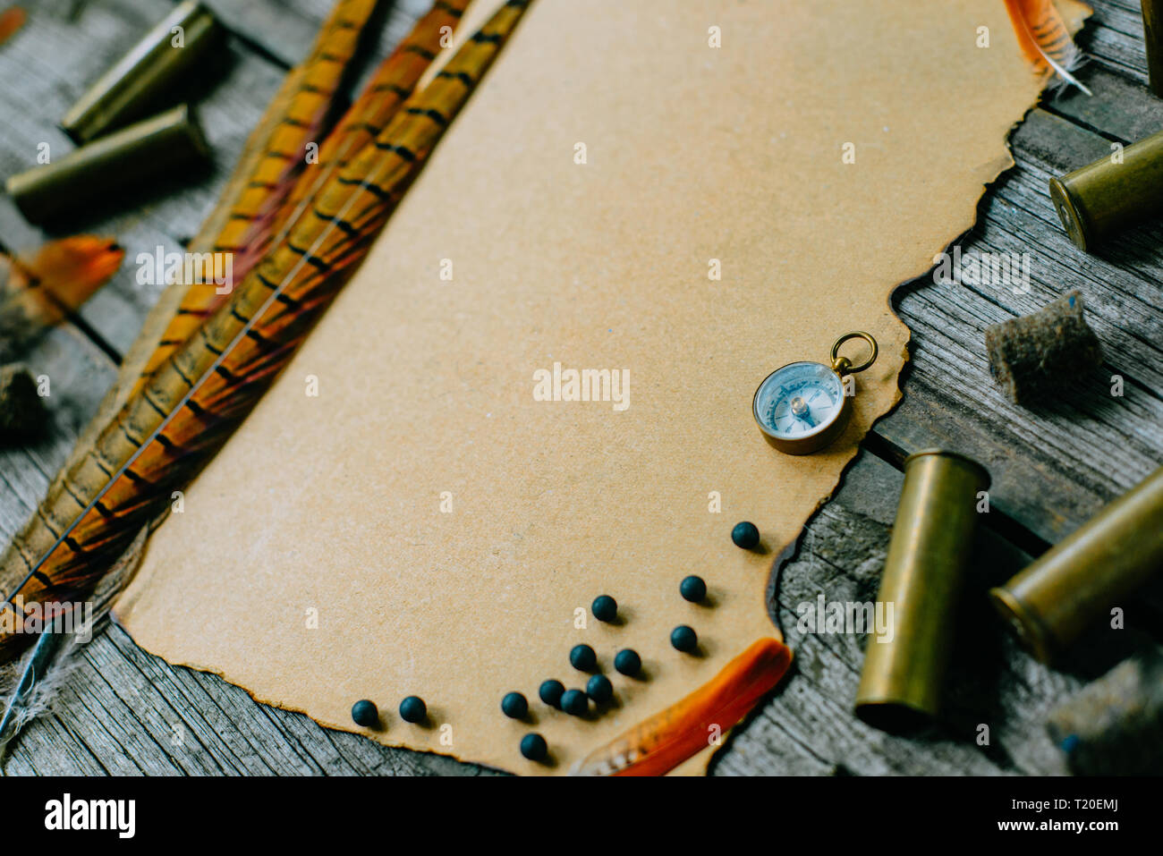 Closeup feather and cartridges on vintage paper for information on old ...