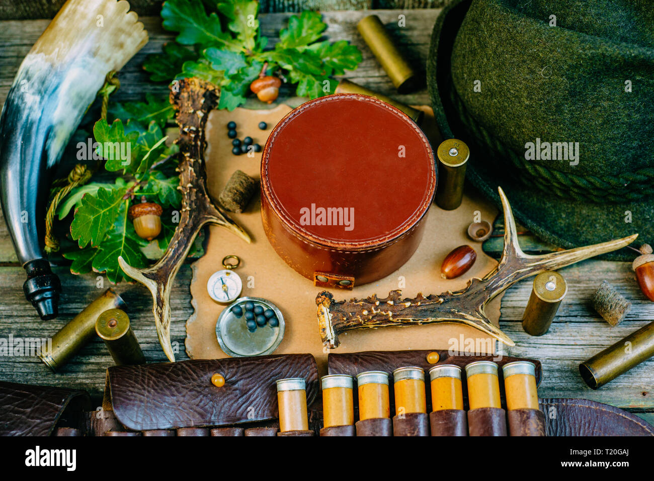 Closeup round hunt box for information among hunting or tourist vintage ...