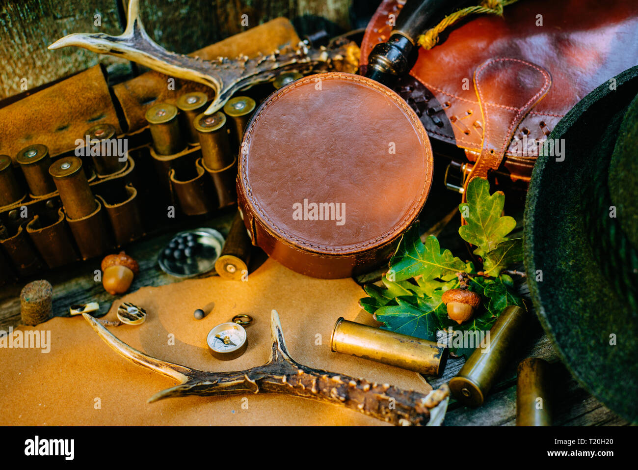Closeup round hunt box for information among hunting or tourist vintage ...