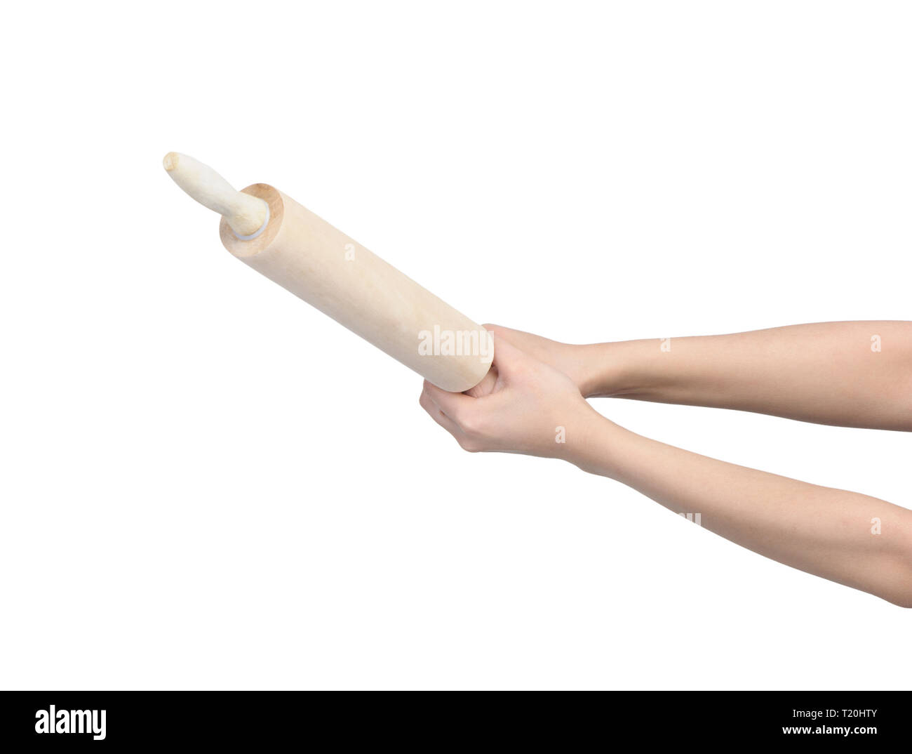 Female hand holding rolling pin isolated on white Stock Photo - Alamy