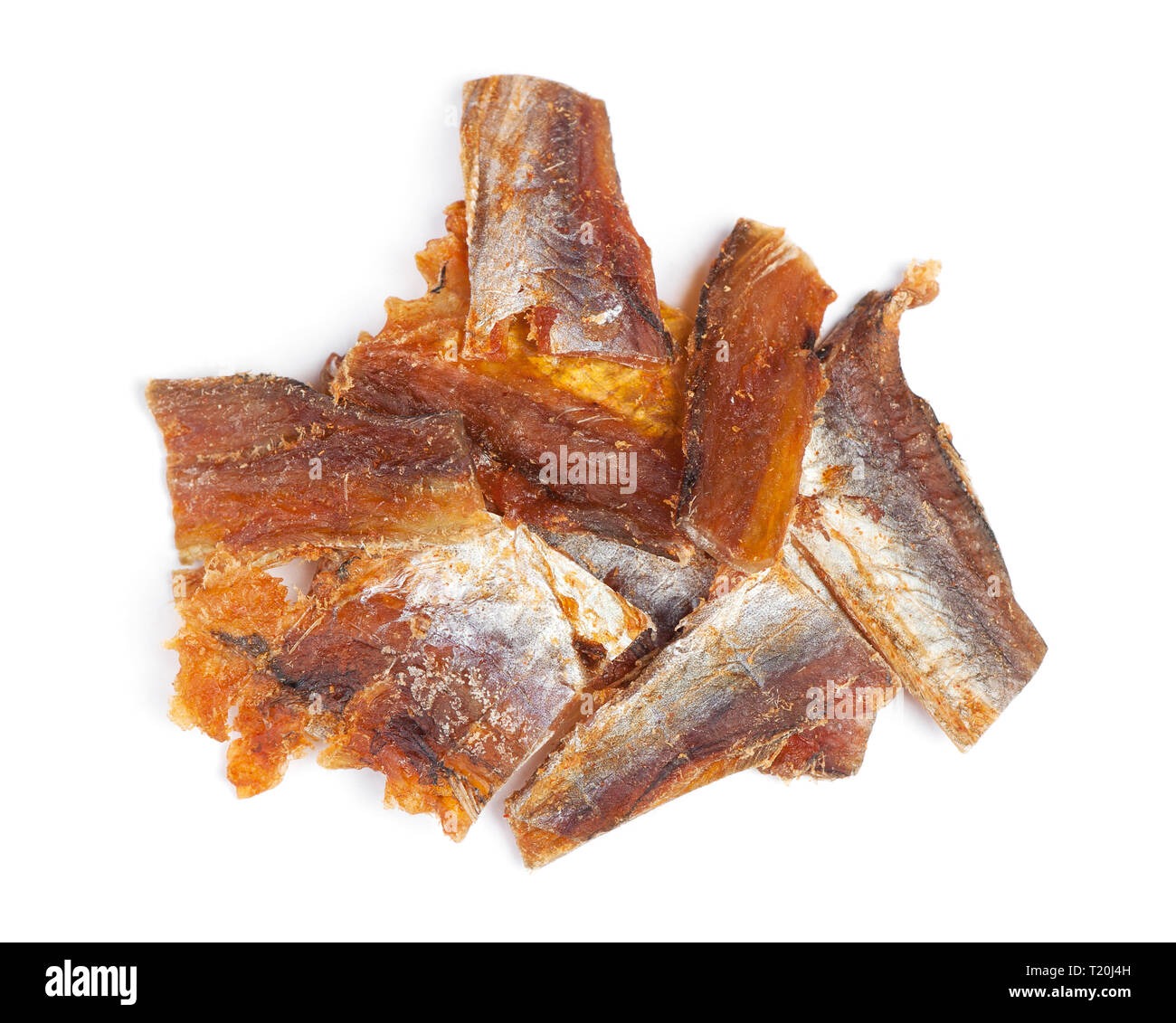 Pieces of cleaned dried fish isolated on white (Dry Peppered Pollack ...