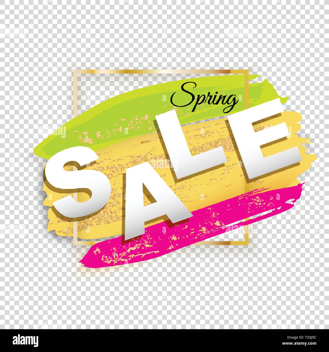 Spring Sale banner. Gold square frame on transparent background. Green ...