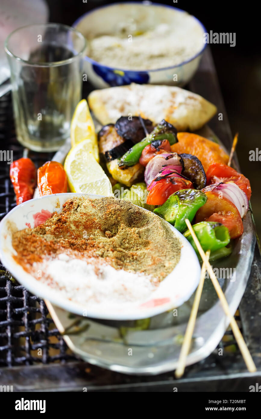 Vegetable skewers ingredients, spices (salt, pepper cumin), Morocco ...