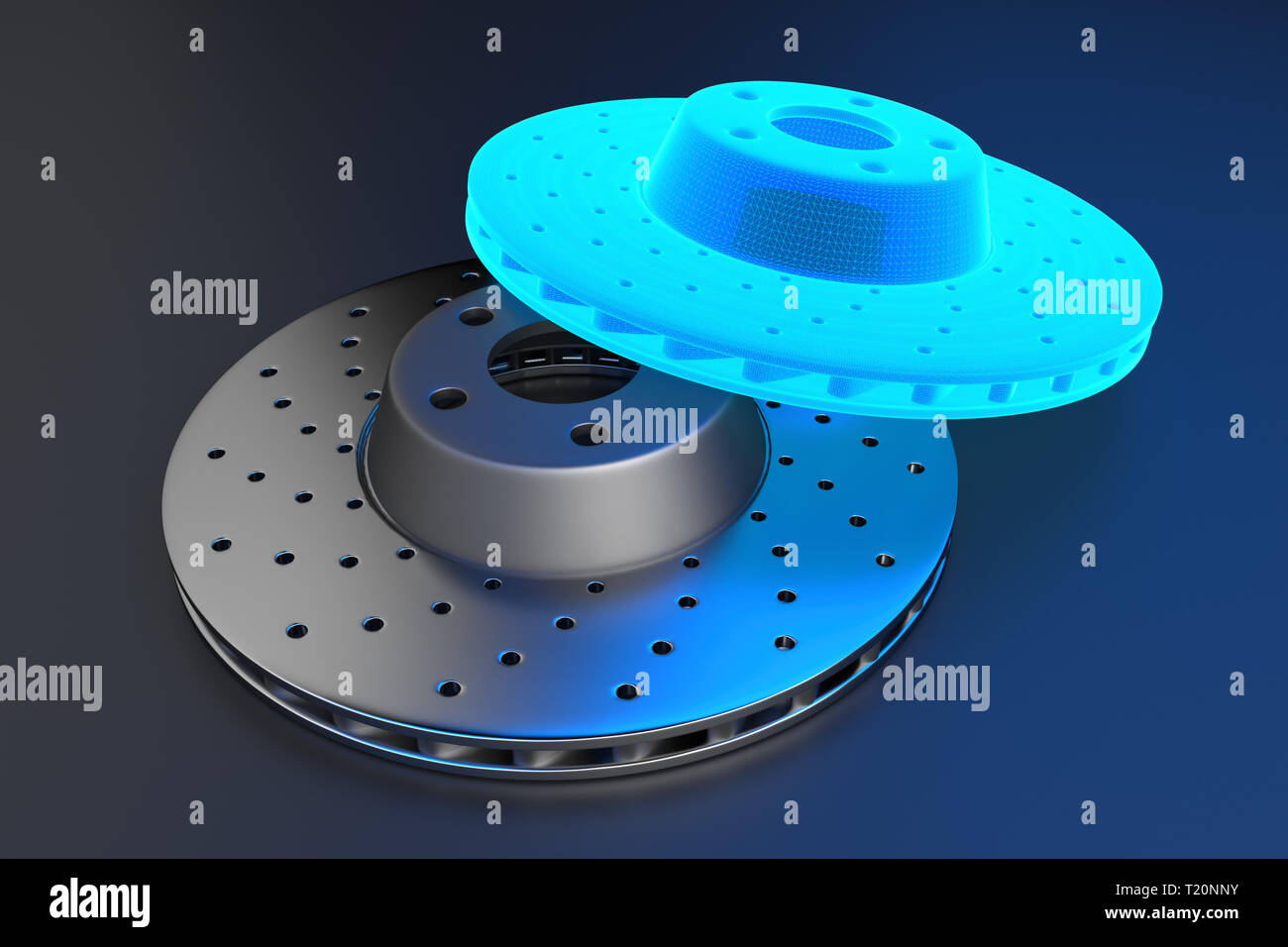 3D rendering. Auto spare parts for passenger car, new brake disk on ...