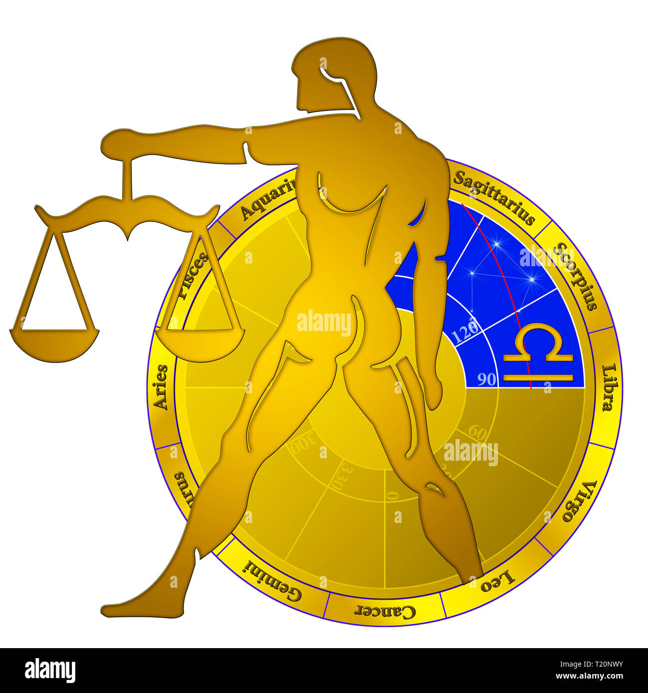 zodiac sign with star image as golden relief in front of a golden and ...