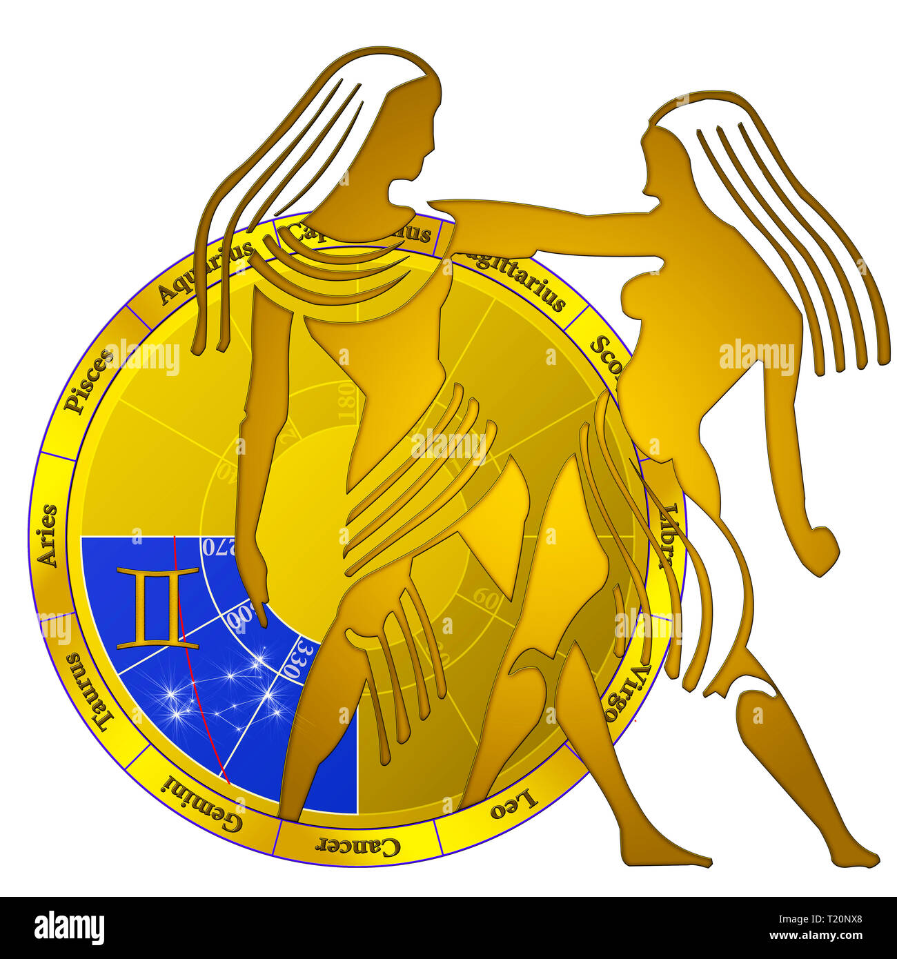 zodiac sign with star image as golden relief in front of a golden and ...