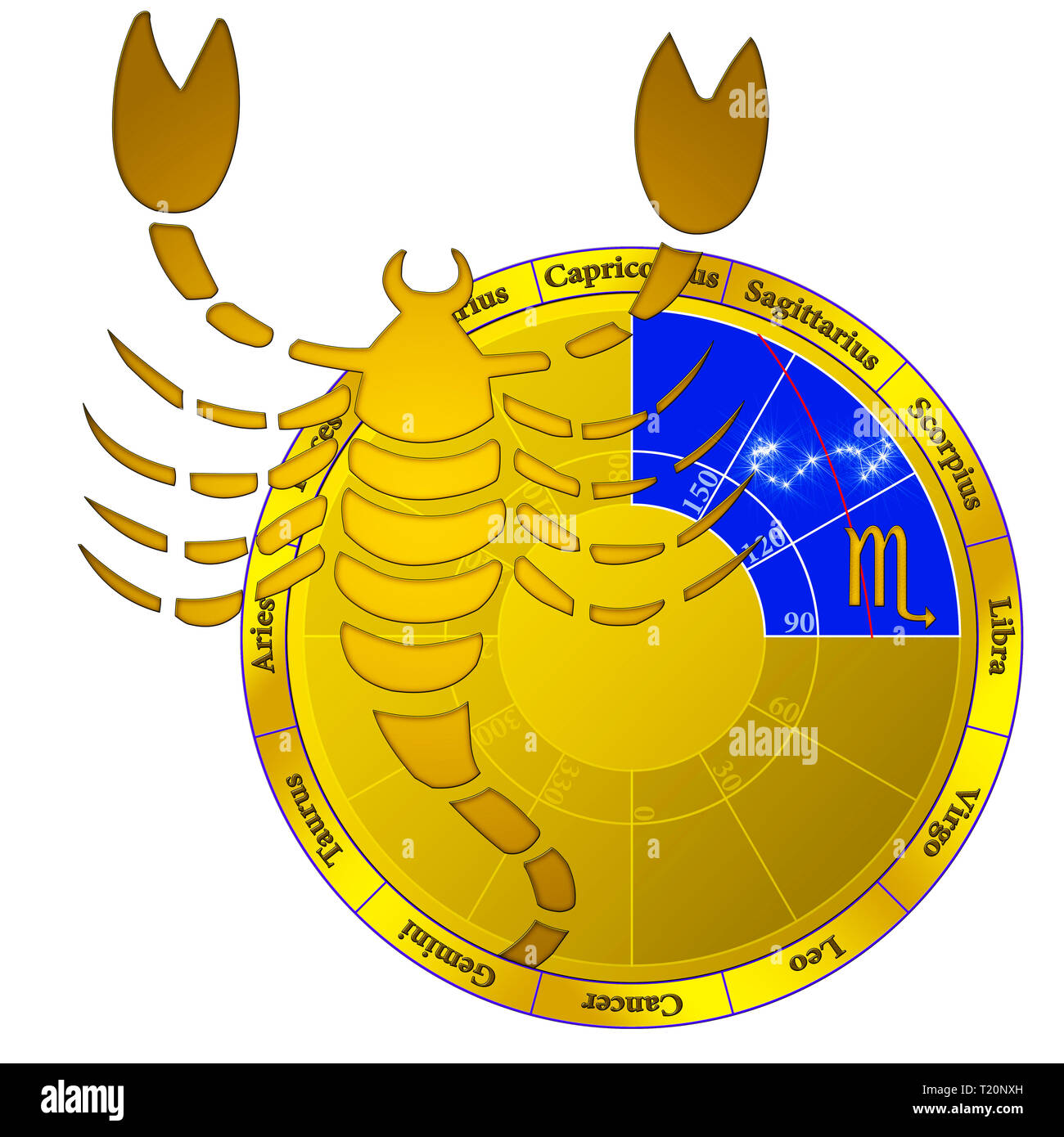 zodiac sign with star image as golden relief in front of a golden and ...