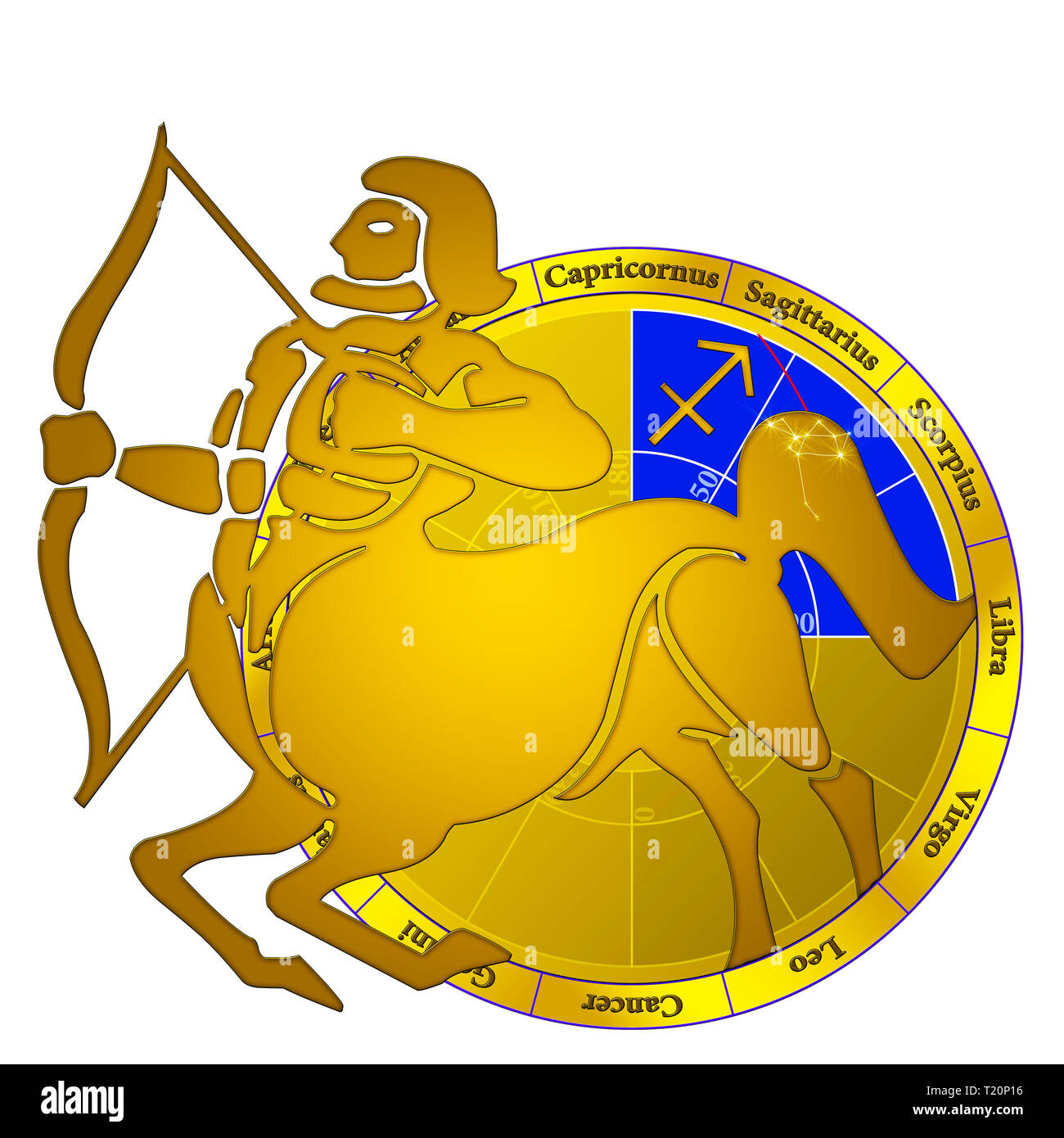zodiac sign with star image as golden relief in front of a golden and ...