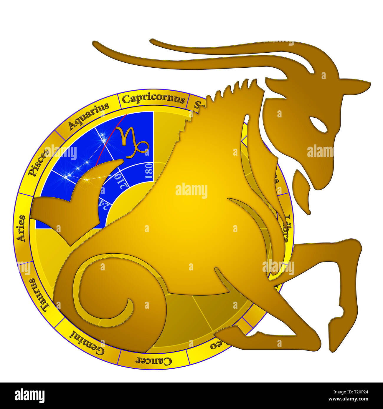 zodiac sign with star image as golden relief in front of a golden and ...