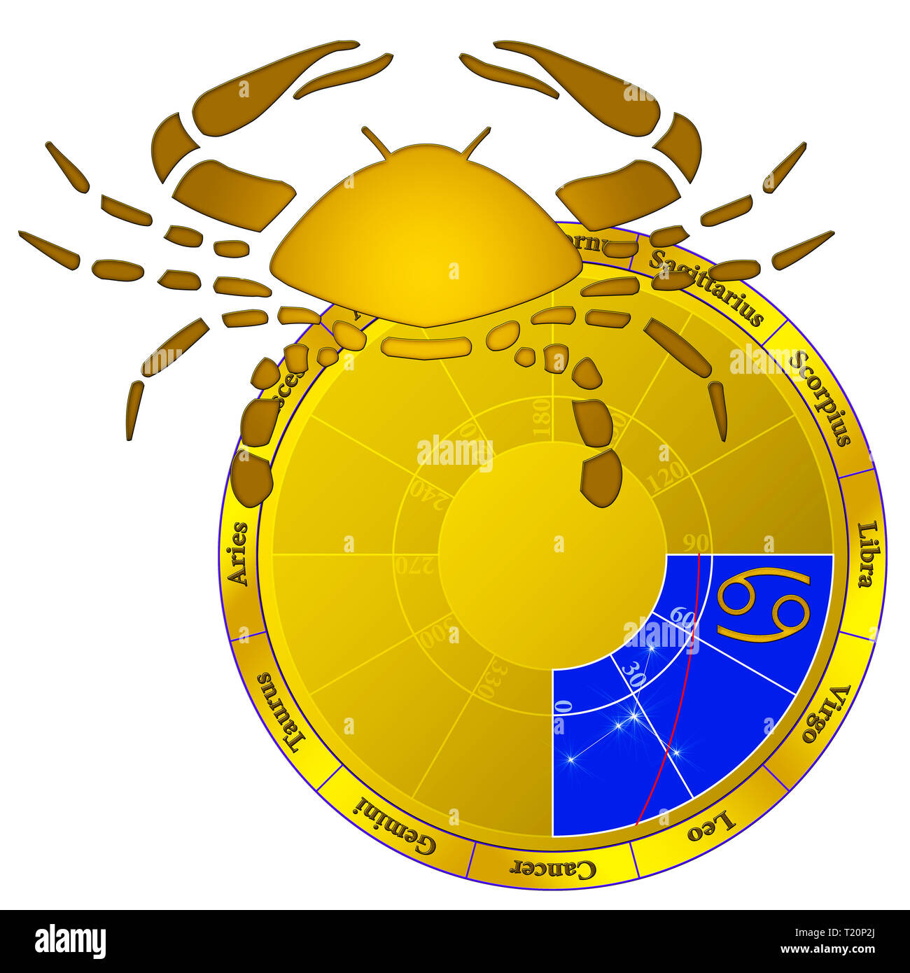 zodiac sign with star image as golden relief in front of a golden and ...