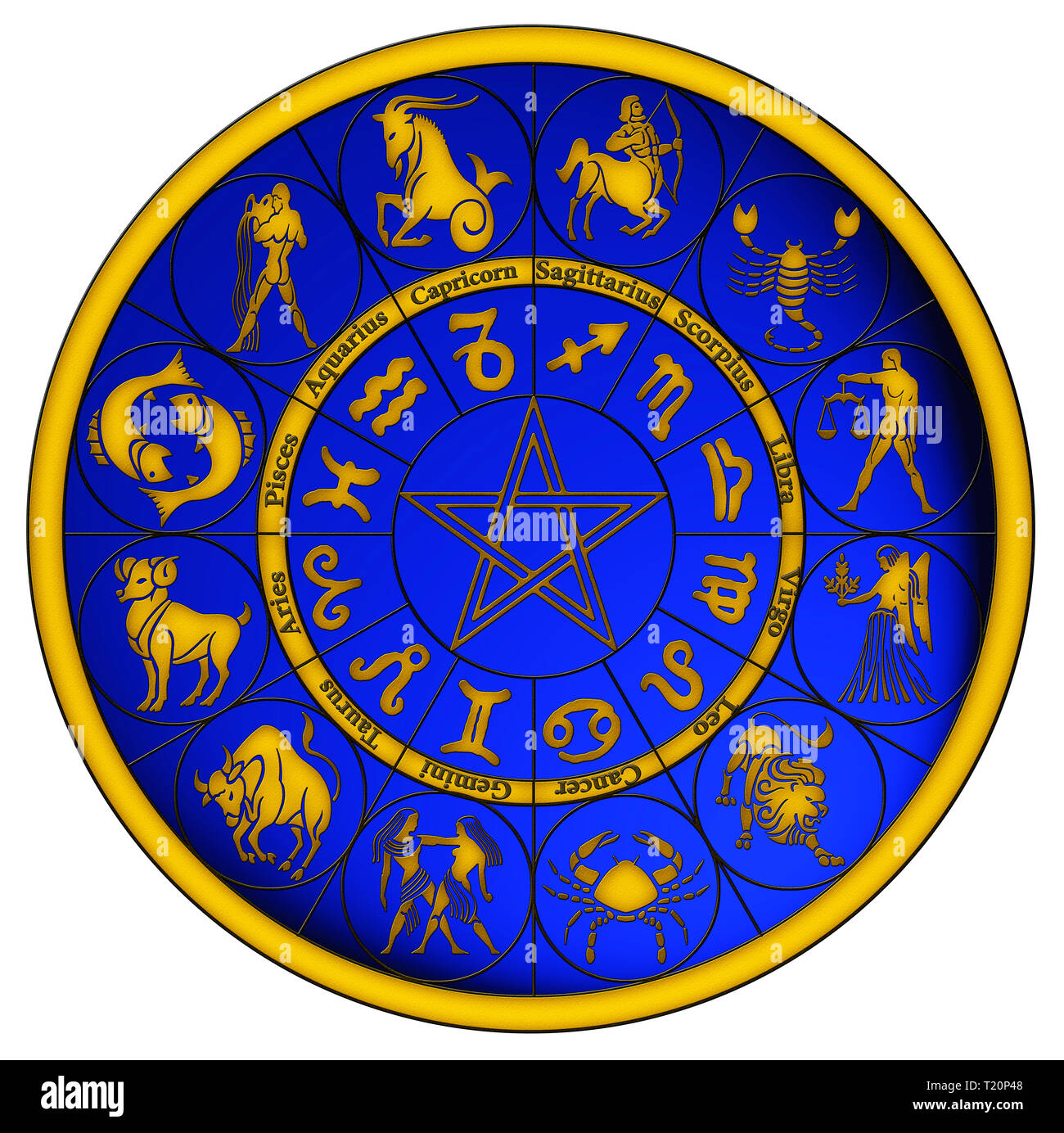 zodiac signs as golden reliefs on a blue-golden emblem Stock Photo - Alamy