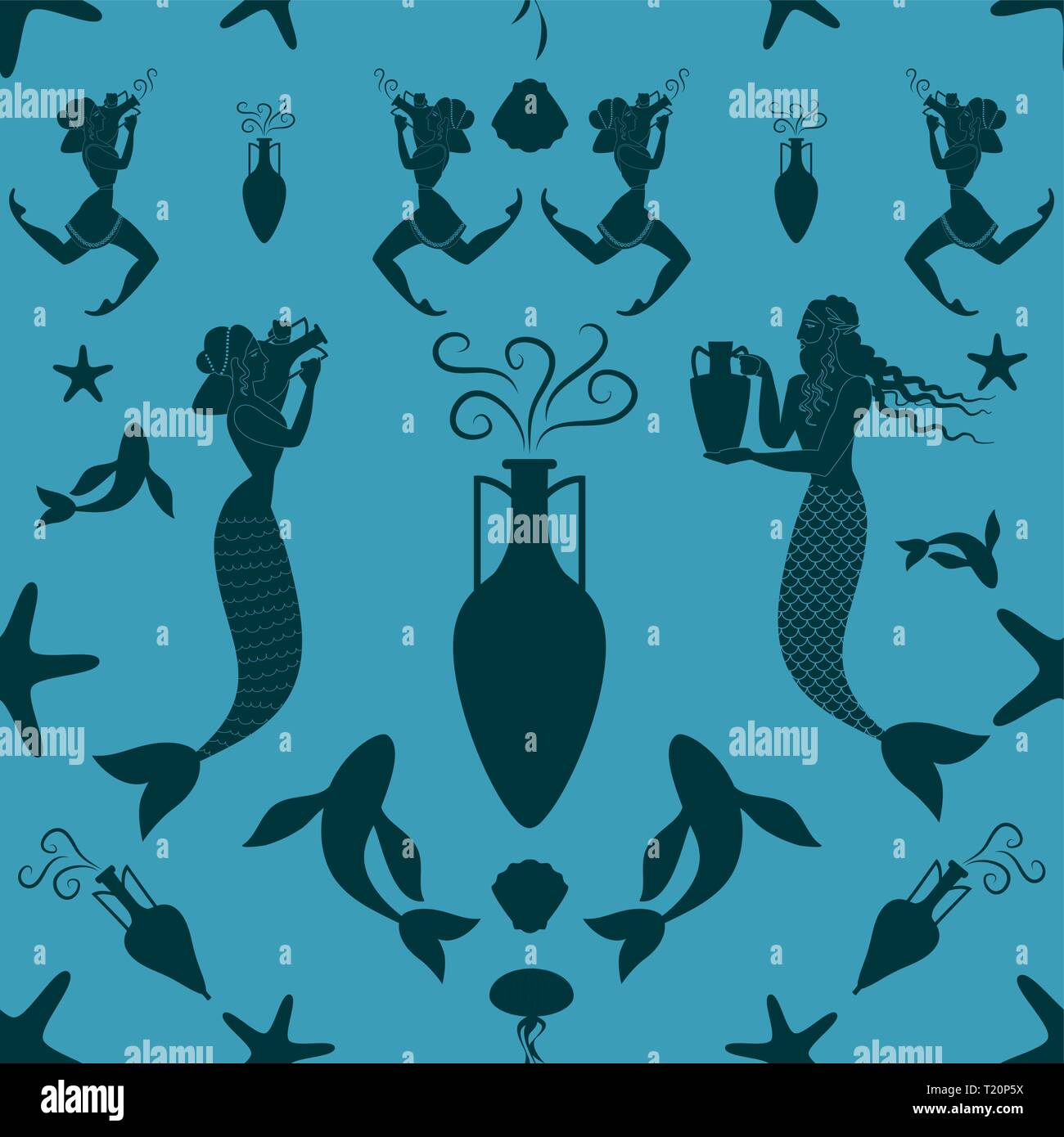 Pattern of ancient Greece mermaid and triton carrying an amphora ...