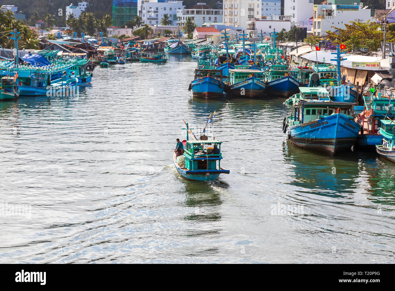 Traditional Vietnamese fishing boats tied up at the harbour at Dinh Cau ...