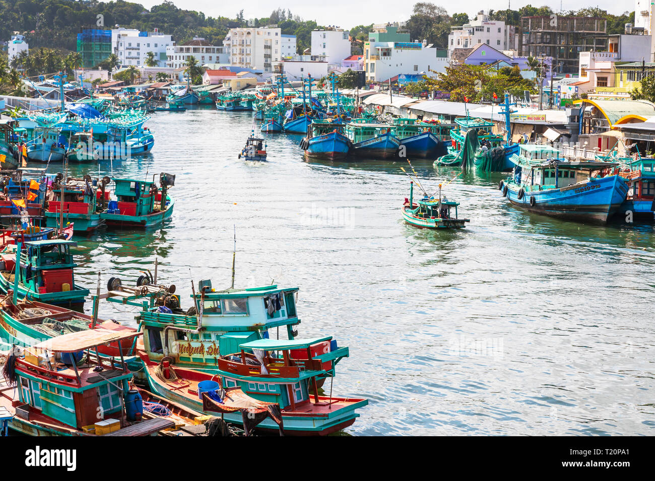 Traditional Vietnamese fishing boats tied up at the harbour at Dinh Cau ...
