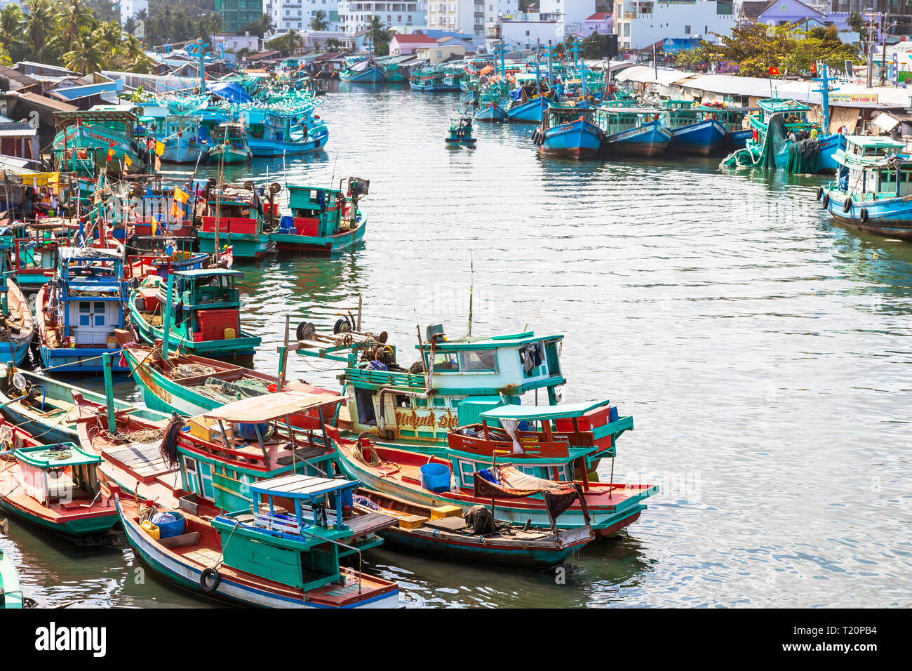 Traditional Vietnamese fishing boats tied up at the harbour at Dinh Cau ...