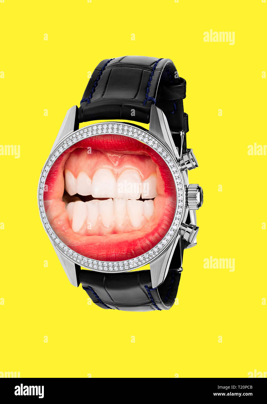 Hard times. A watches with black leather and diamonds and scratching ...