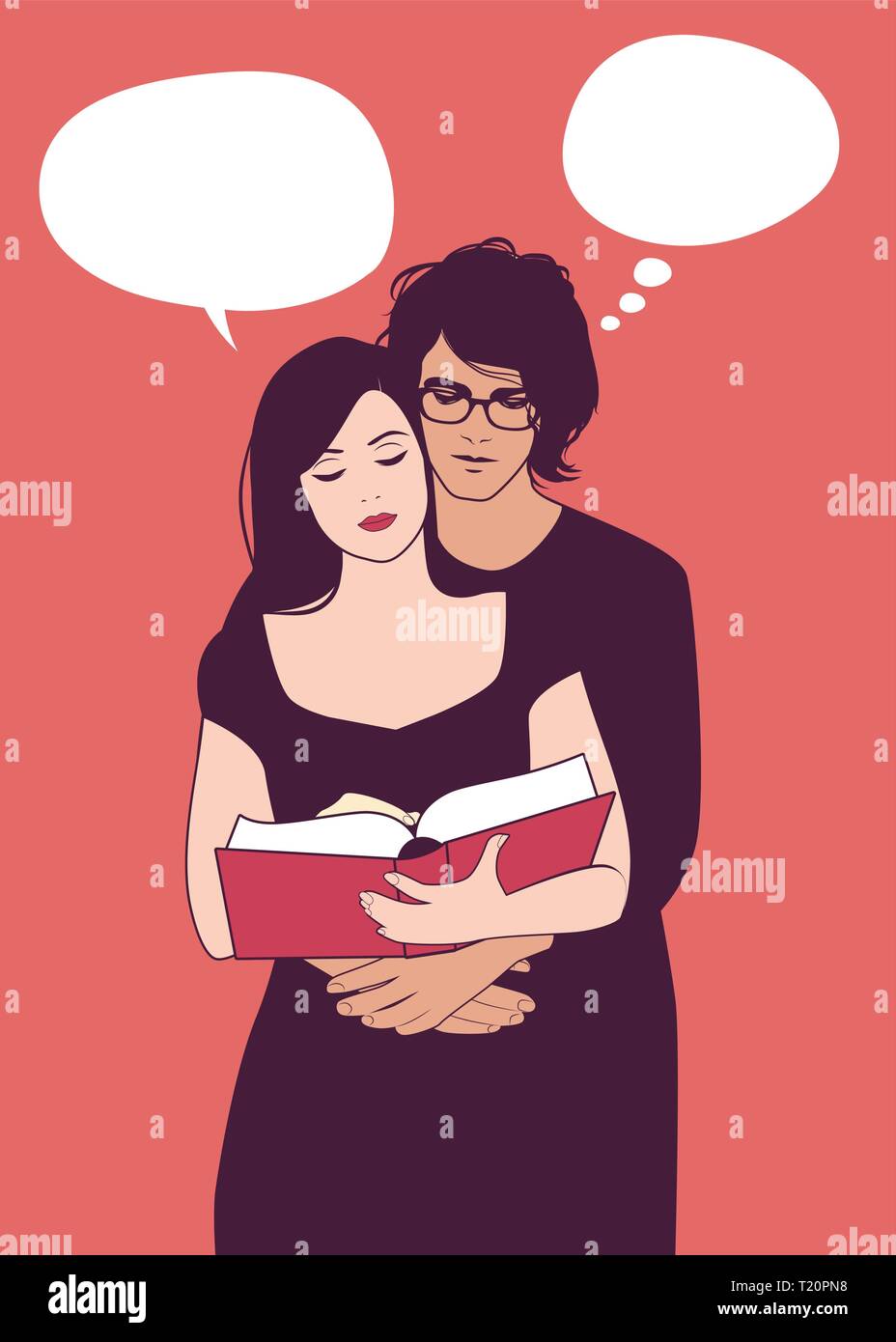 Young couple in love cuddling together reading a book with speech and ...