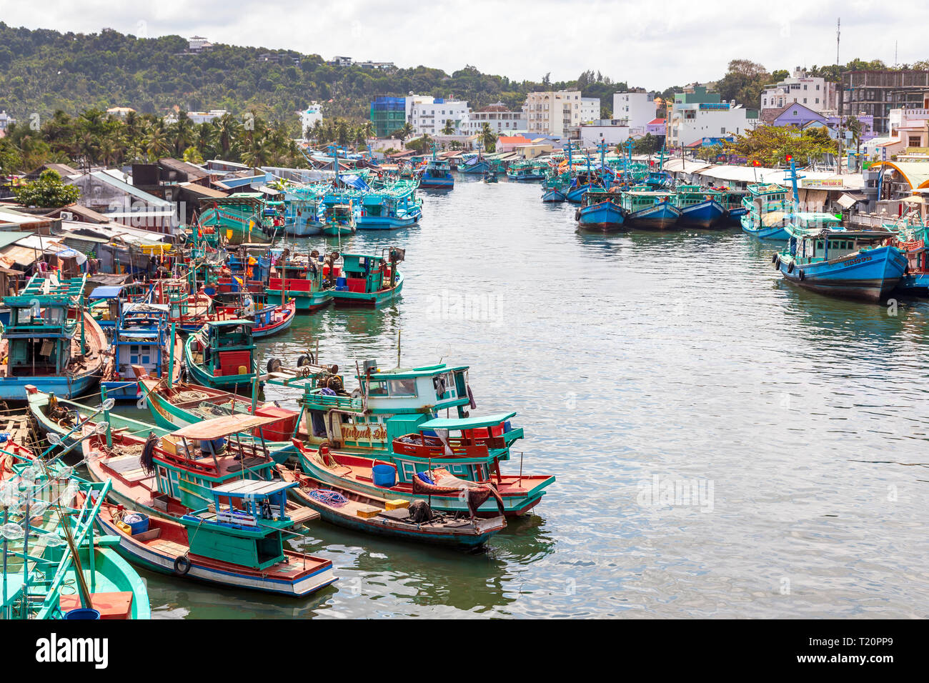 Traditional Vietnamese fishing boats tied up at the harbour at Dinh Cau ...