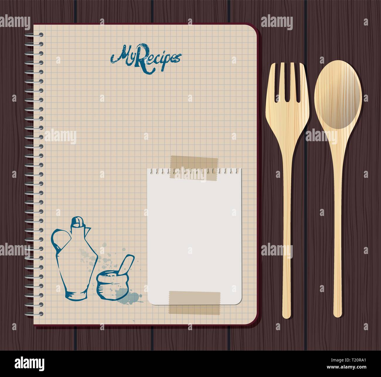 Recipe notebook graph with hand drawn text, oilcan and mortar. Wooden ...