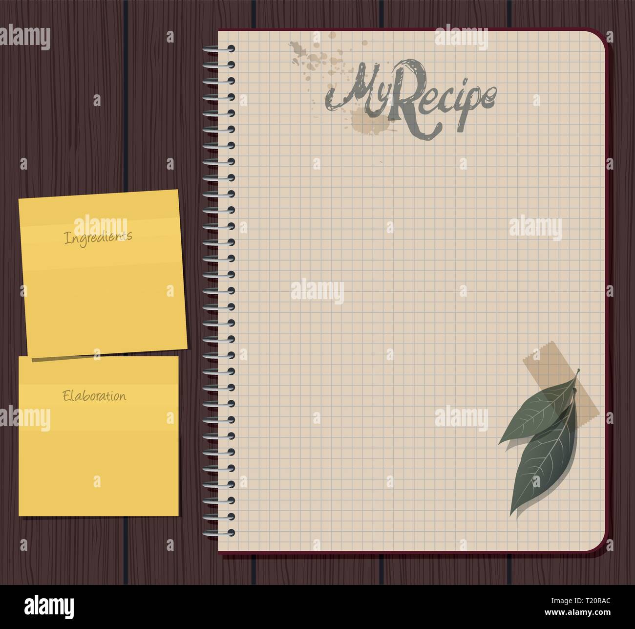 Recipe notebook with hand drawn text. Olive and laurel leaves with ...