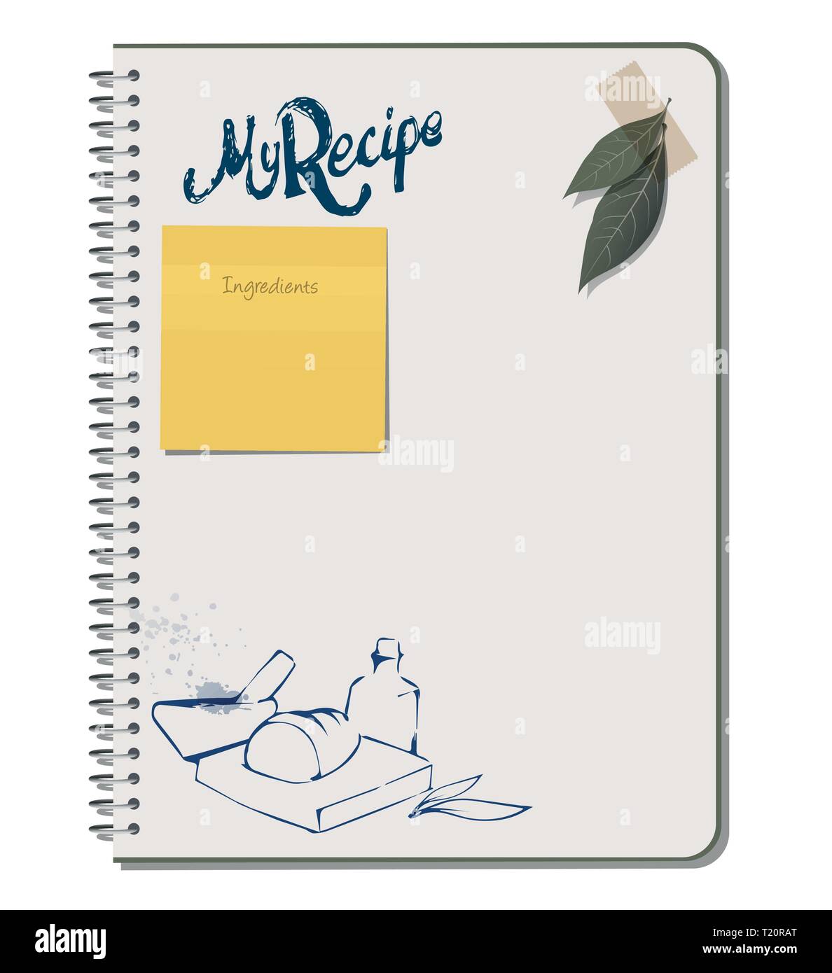Recipe notebook with hand drawn text, mortar, oilcan, bread, wood plank ...