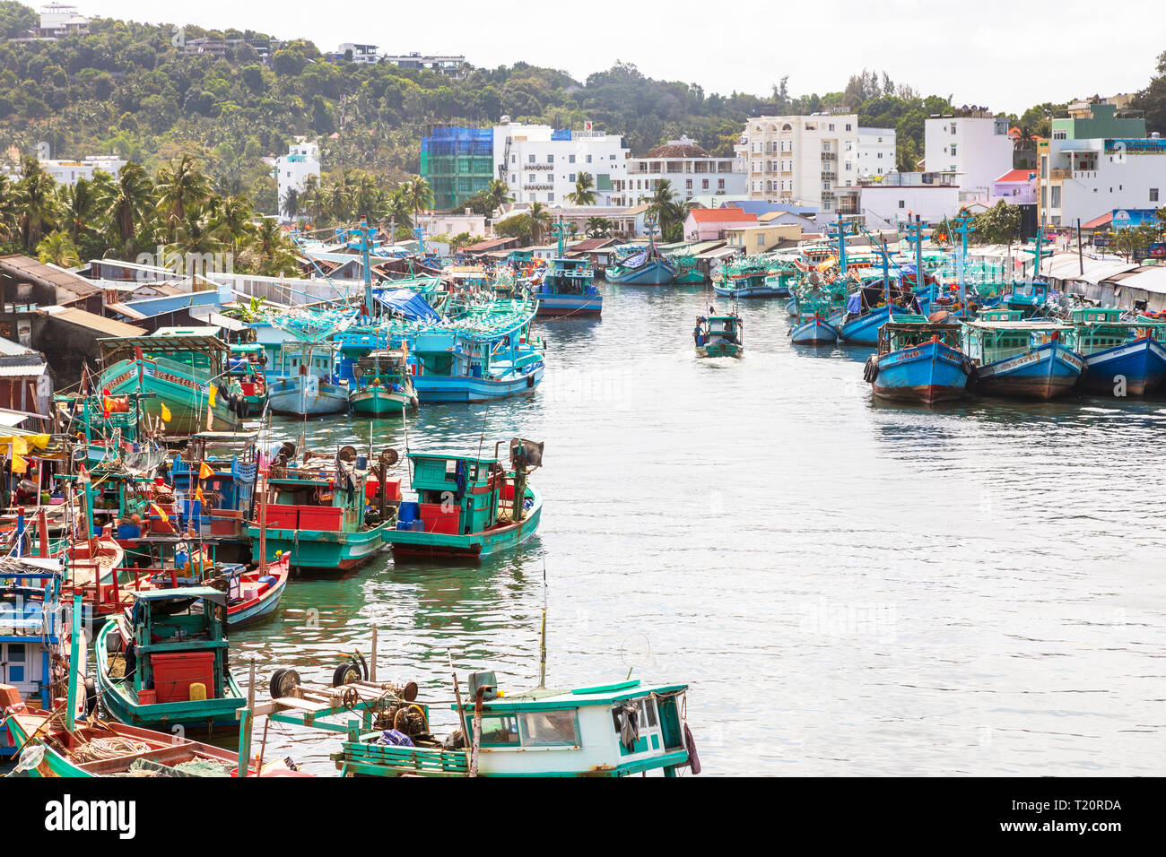 Traditional Vietnamese fishing boats tied up at the harbour at Dinh Cau ...