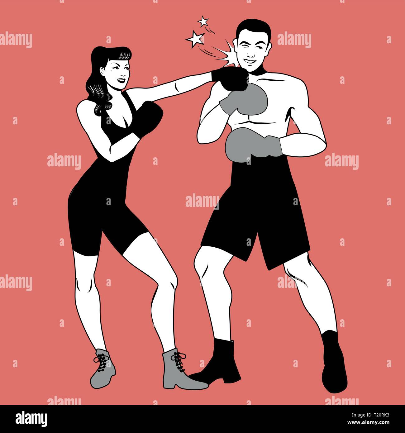 The war of the sexes. Beautiful girl boxer hitting her handsome ...