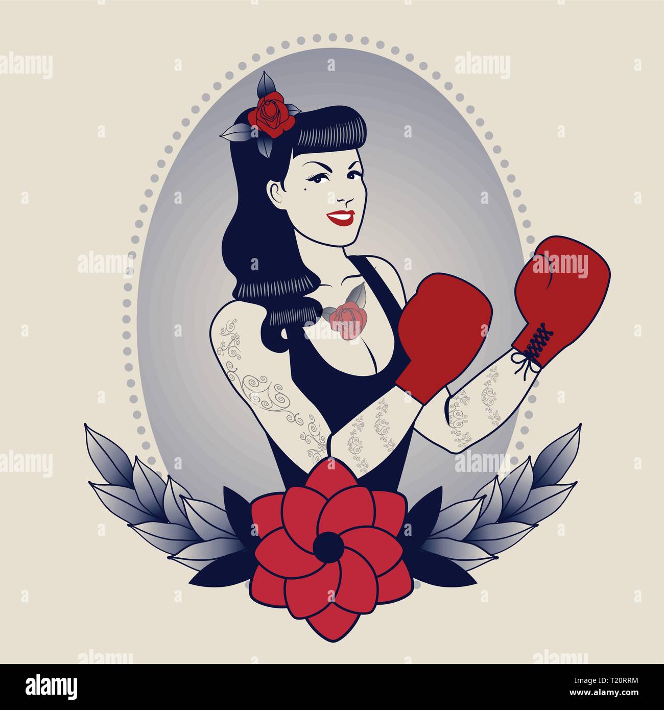 Emblem of pinup boxing girl, with flowers, tattoos and boxing gloves ...