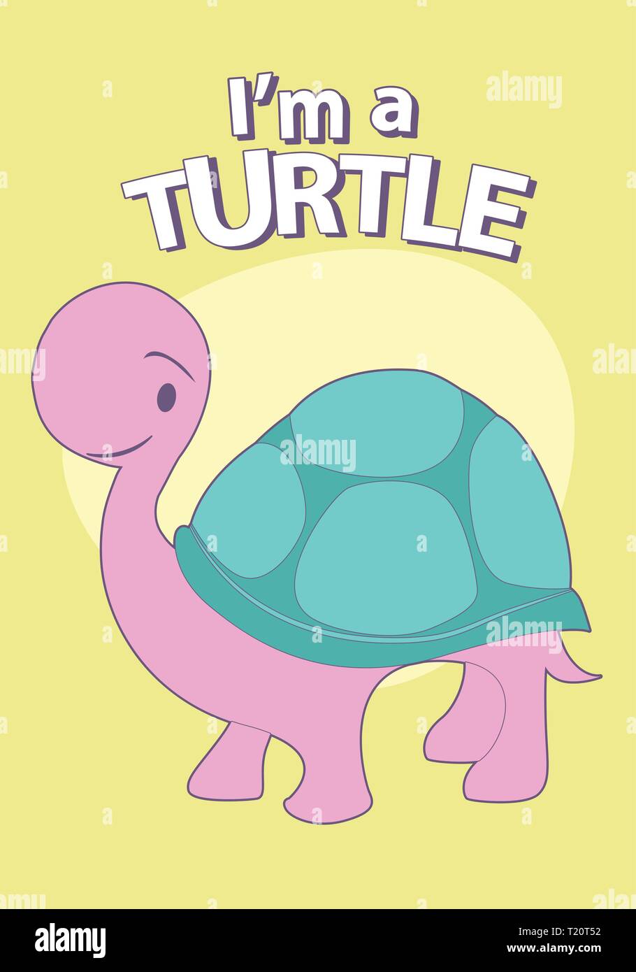 Cute cartoon style turtle with title above, on colorful background ...