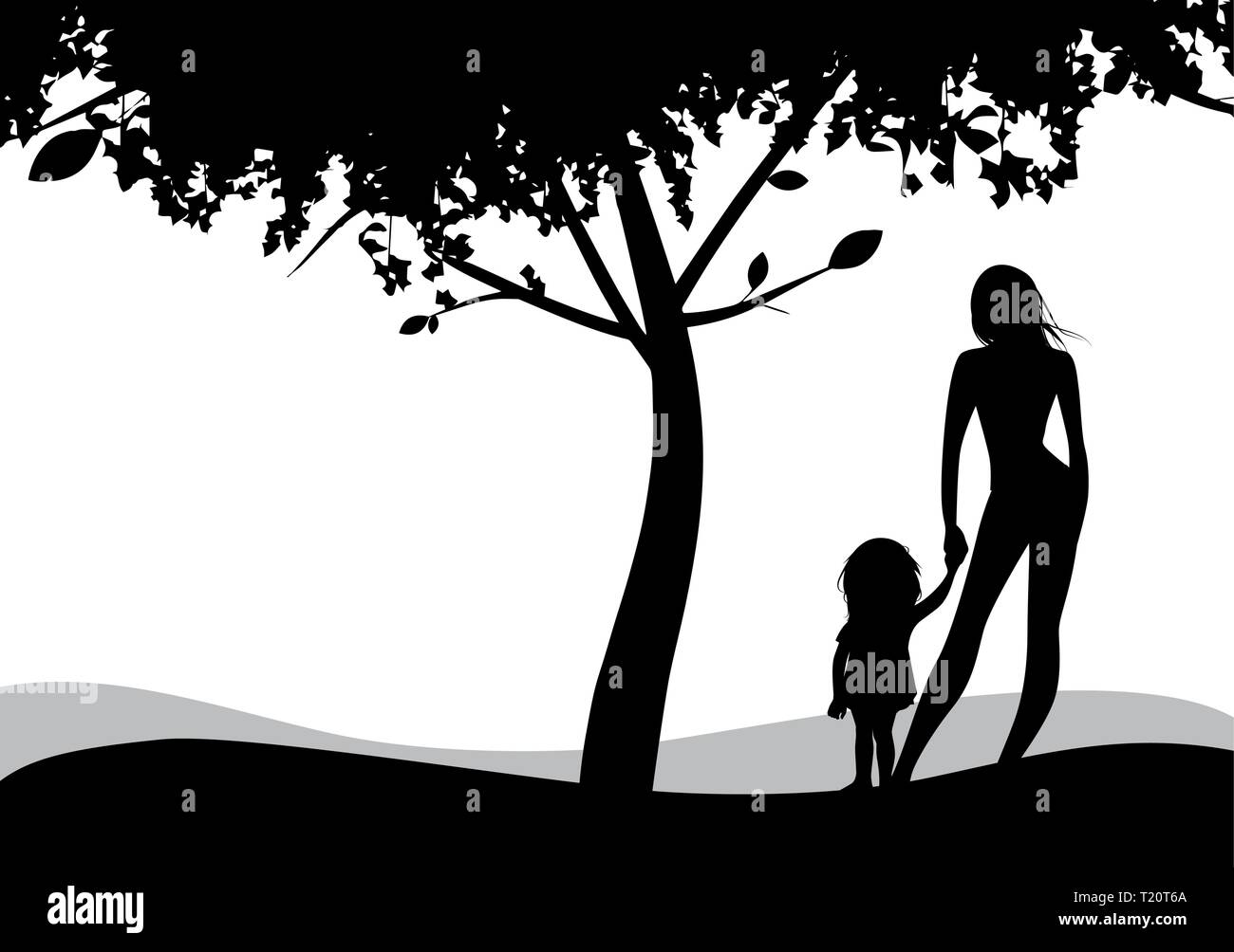 Silhouettes of mother and daughter looking to the horizon under a tree ...