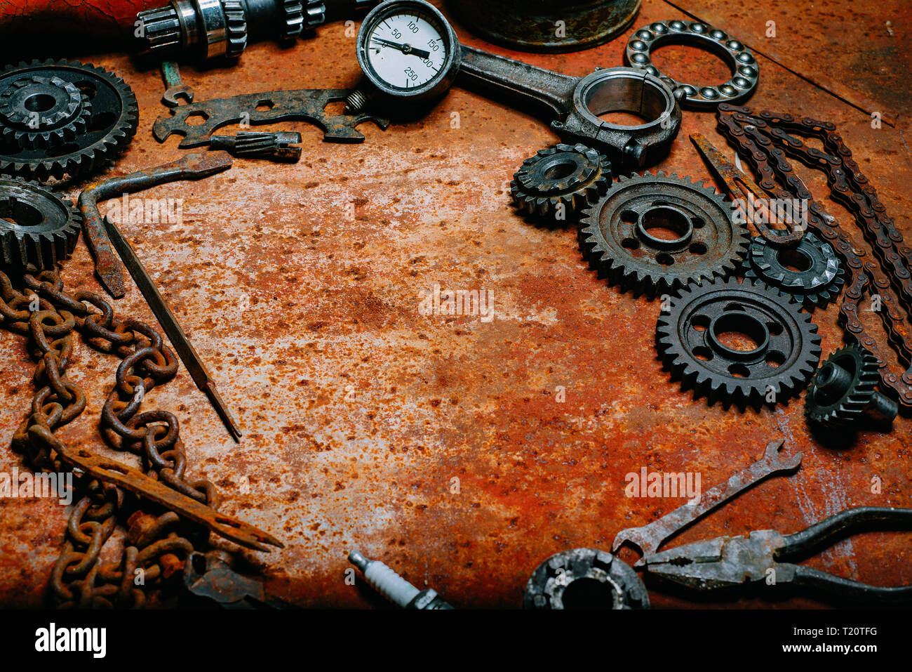 Motorcycle tools, equipment and repair, old chain, tools on vintage ...