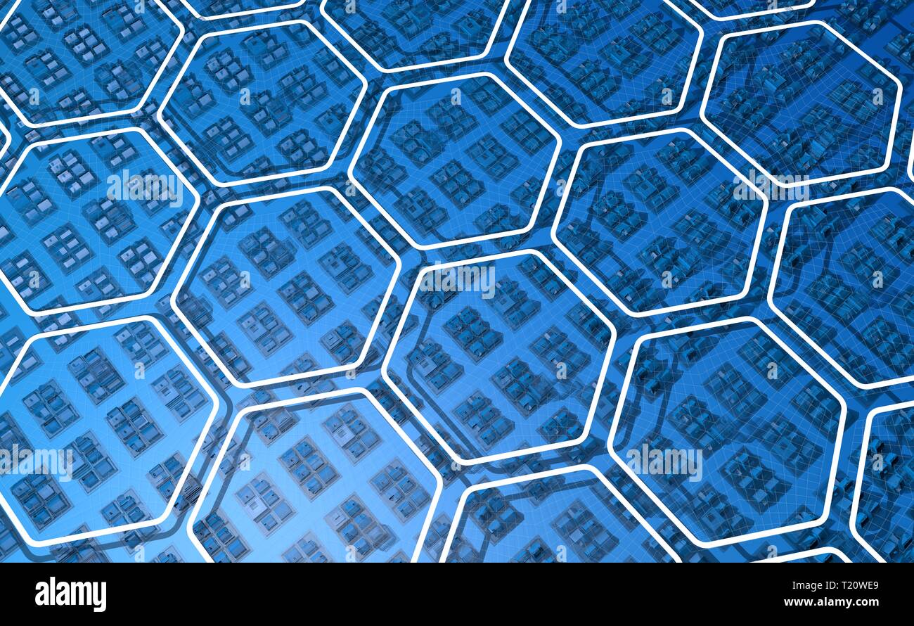 Aerial view of a blue transparent city divided into white hexagonal ...