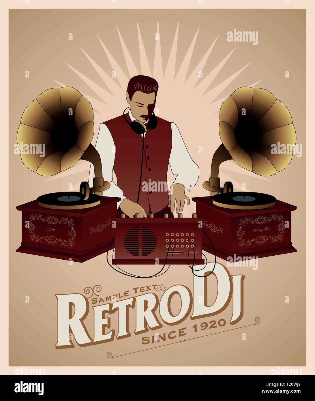 DJ retro style with mustache, vest, bow tie and headphones around the ...