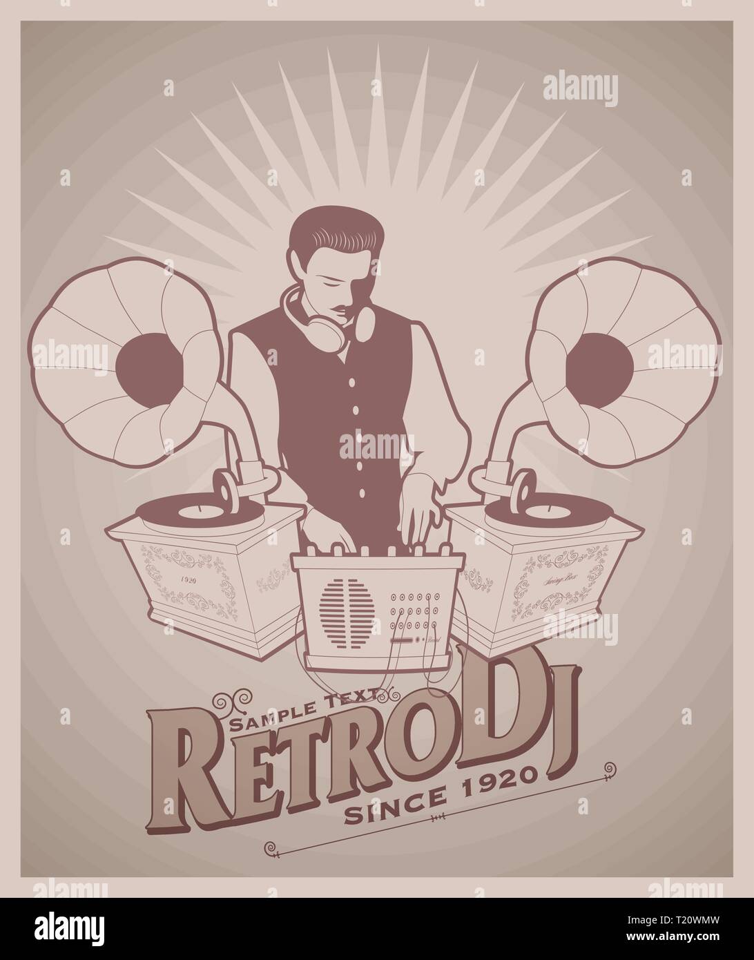 DJ retro style with mustache, vest, bow tie and headphones around the ...