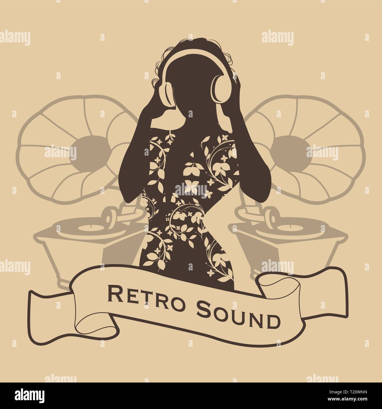 Silhouette of DJ woman retro style with headphones and gramophones on ...