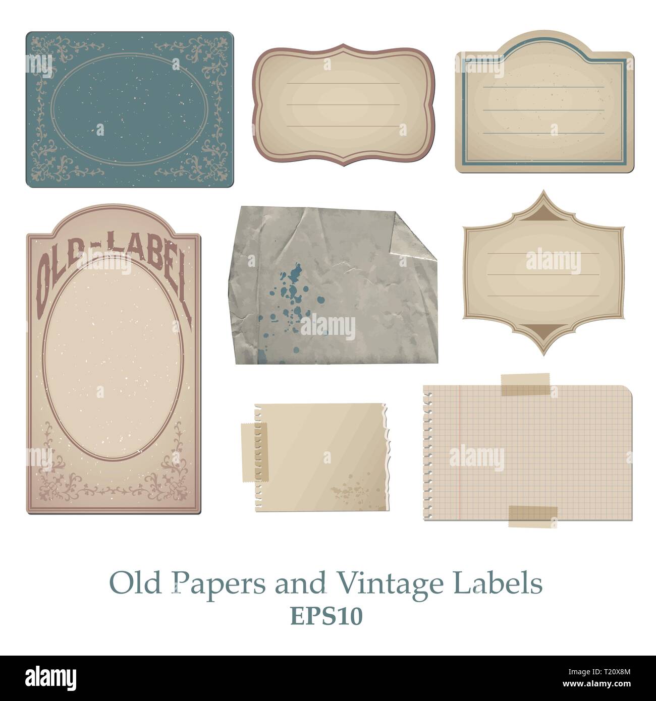 Set of old papers, stained, bent and spoiled and vintage labels with ...