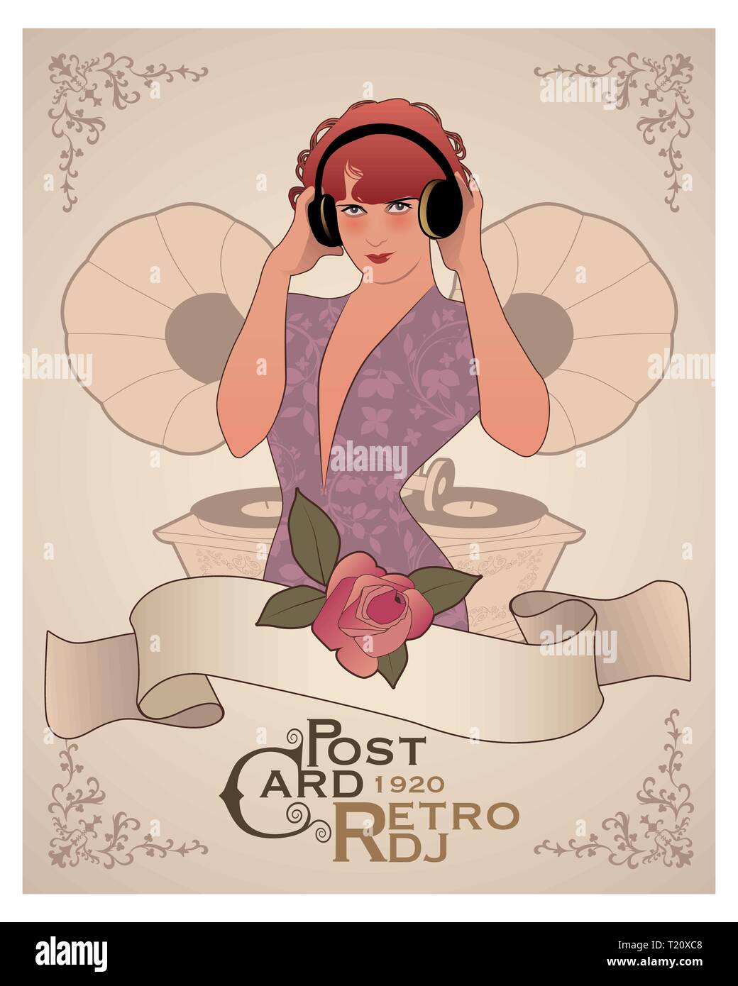 Vintage PostCard. DJ Woman retro style with headphones among vintage ...
