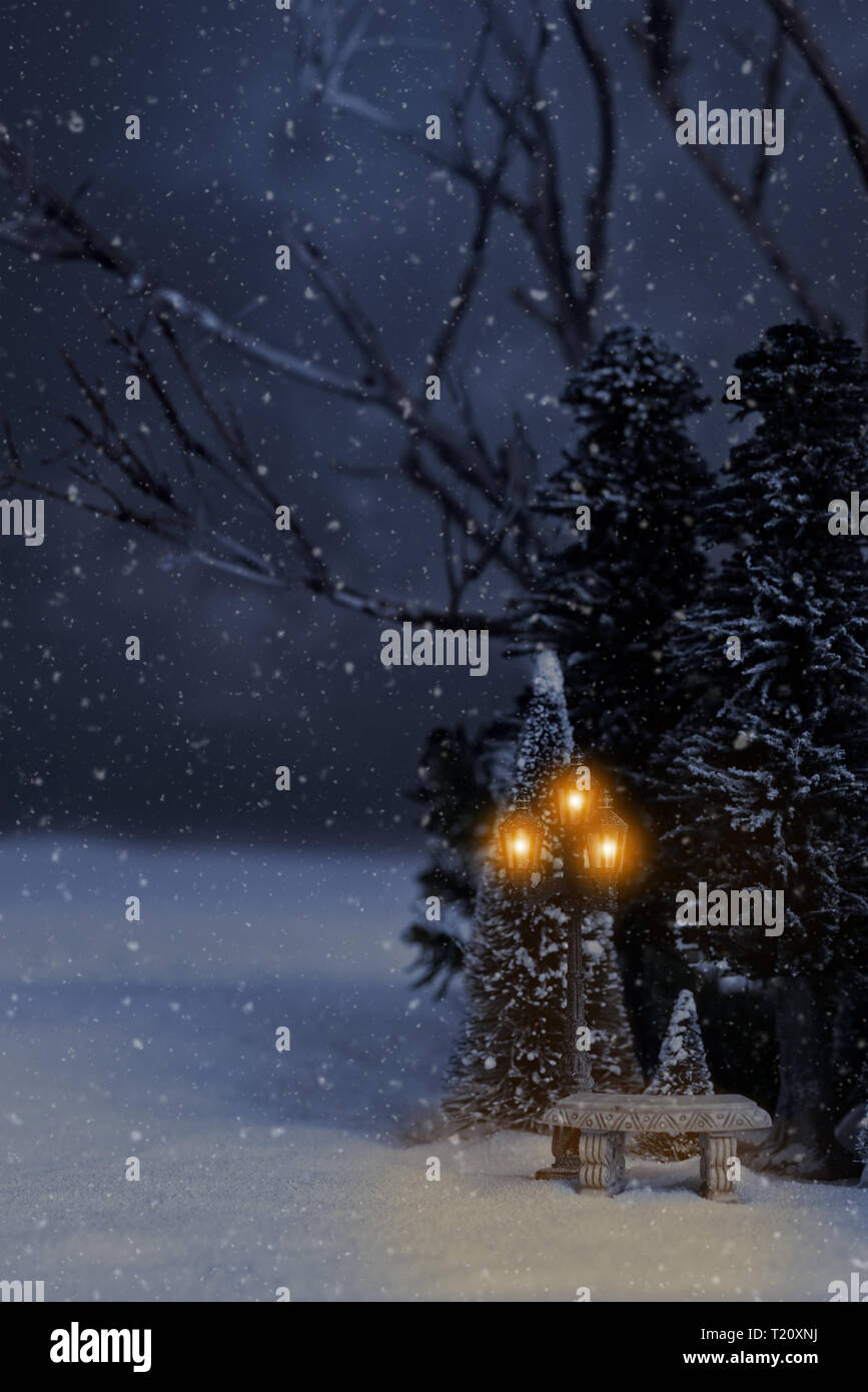 nighttime winter scene with lamp post Stock Photo - Alamy