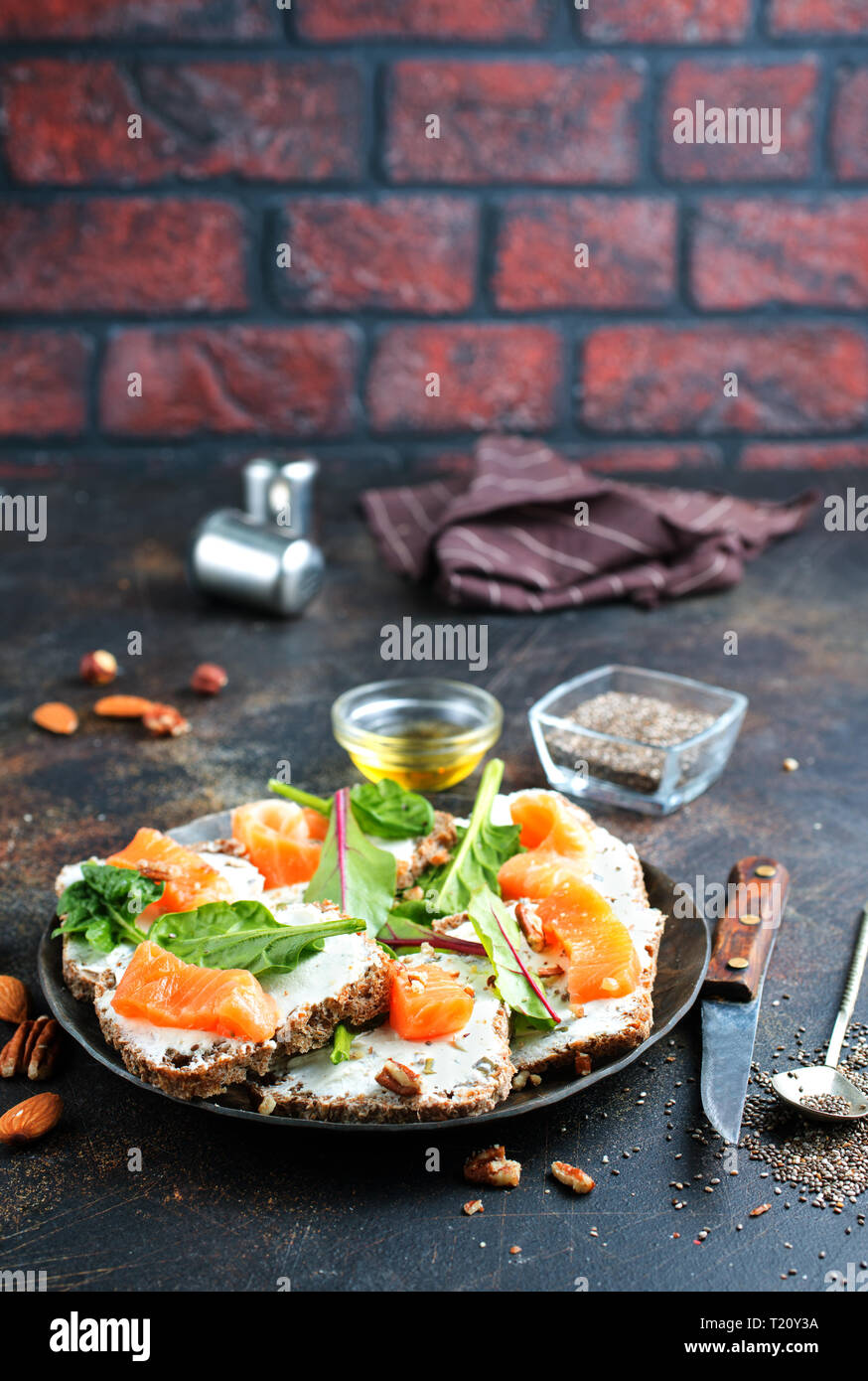 bread with crem cheese and salmon fish Stock Photo - Alamy