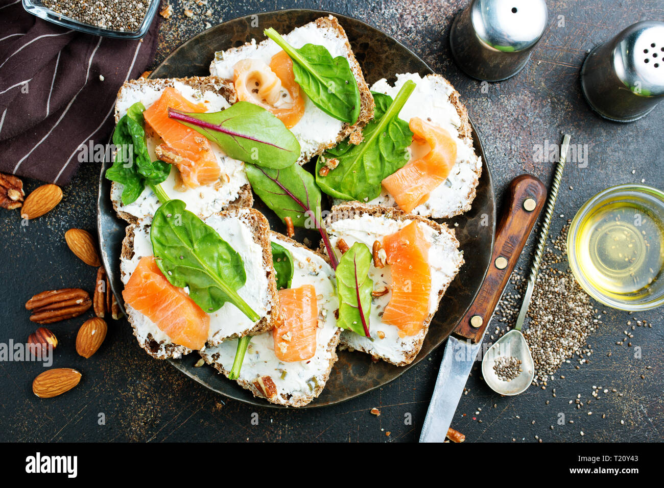 bread with crem cheese and salmon fish Stock Photo - Alamy
