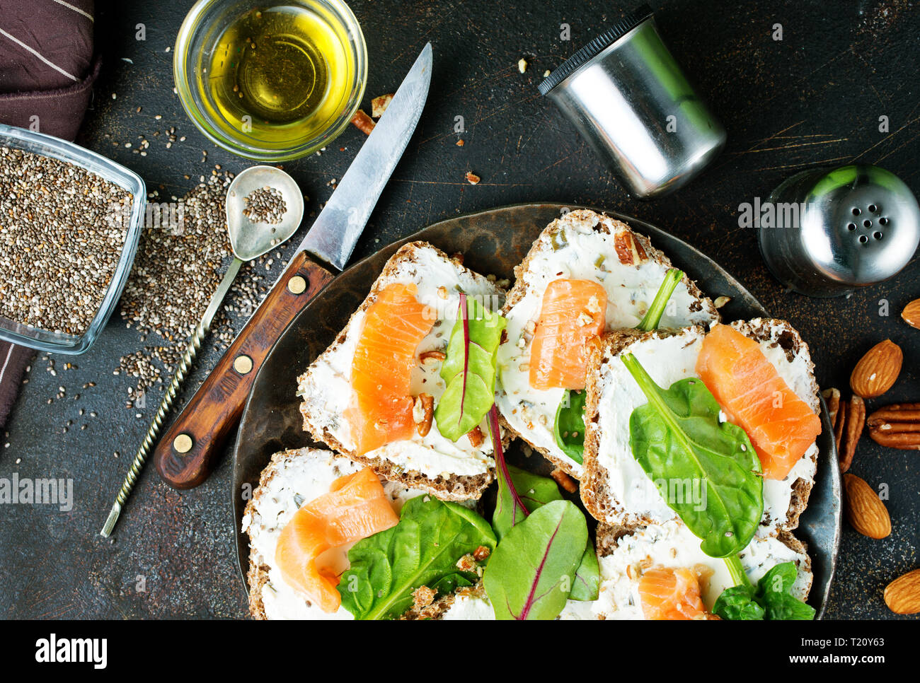 bread with crem cheese and salmon fish Stock Photo - Alamy