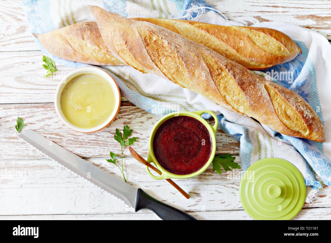Fresh crispy French baguette with chicken liver pate and berry ...