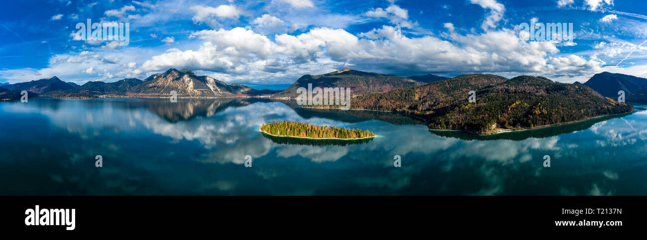 Germany, Upper Bavaria, Lake Walchen, Aerial view of Sassau Island ...