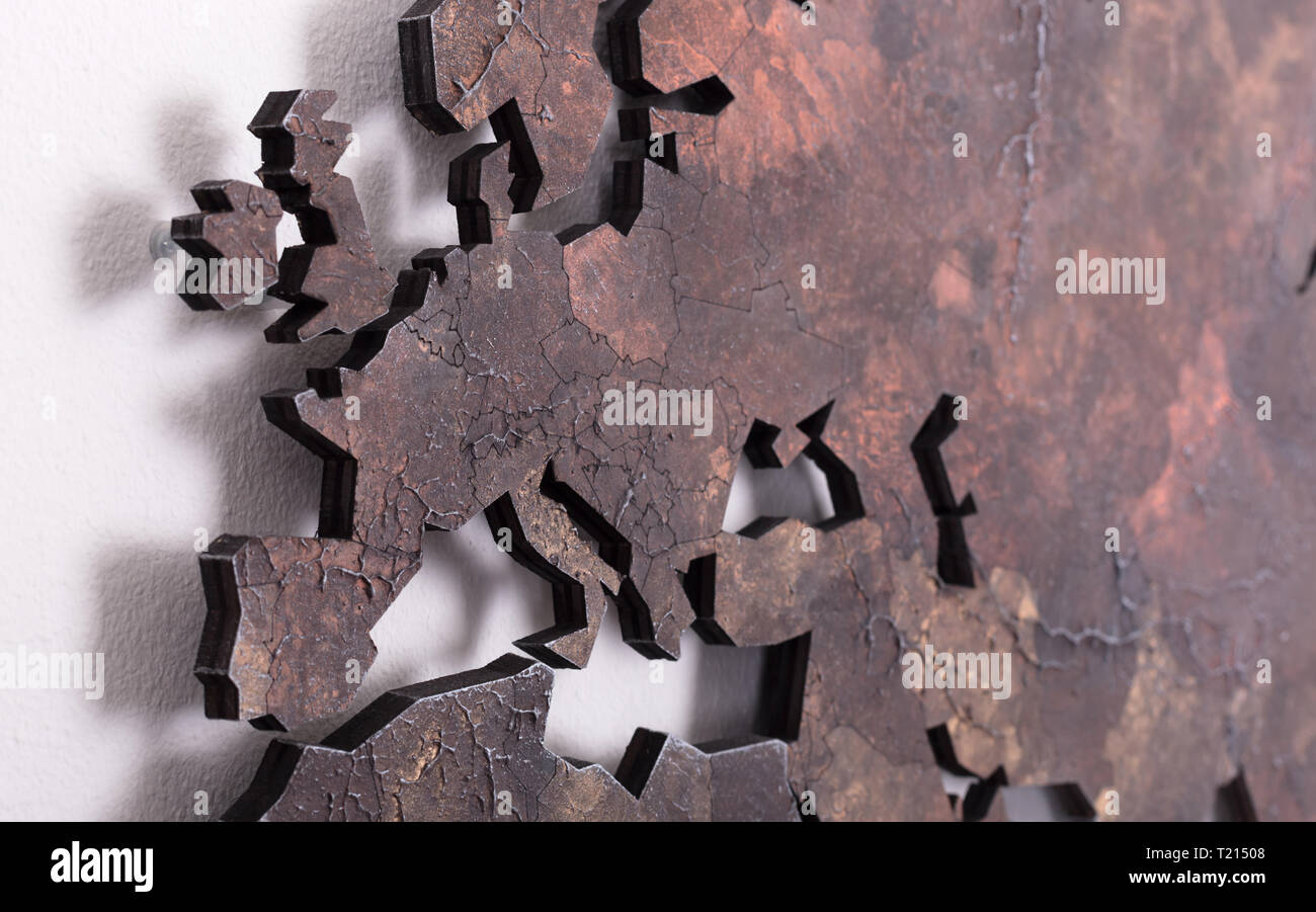 Roughly outlined world map on a kitchen wall, selective focus on europe ...