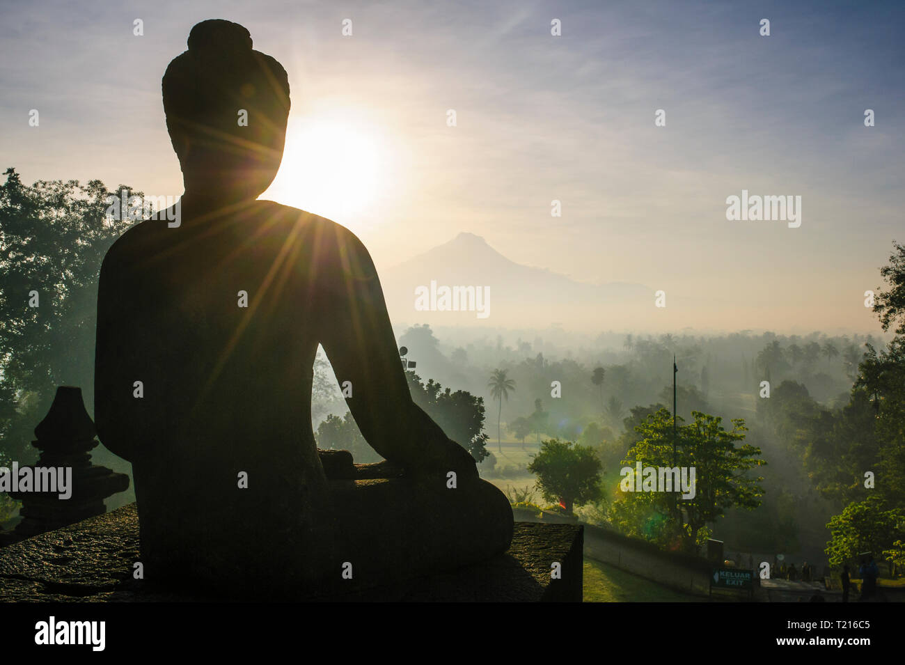 Indonesia, Java, Borobudur Temple Complex, sitting Buddha in backlight ...